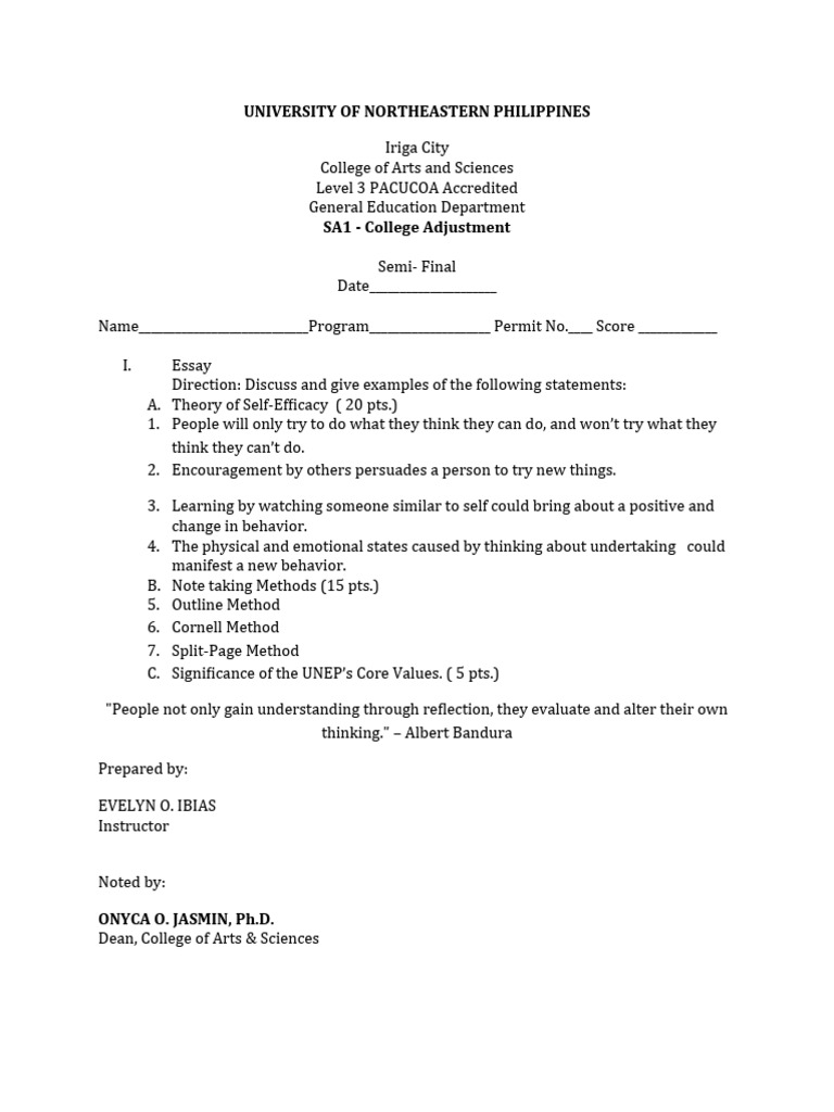 College Adjustment Semi-Final Exam Guide | PDF | Career & Growth