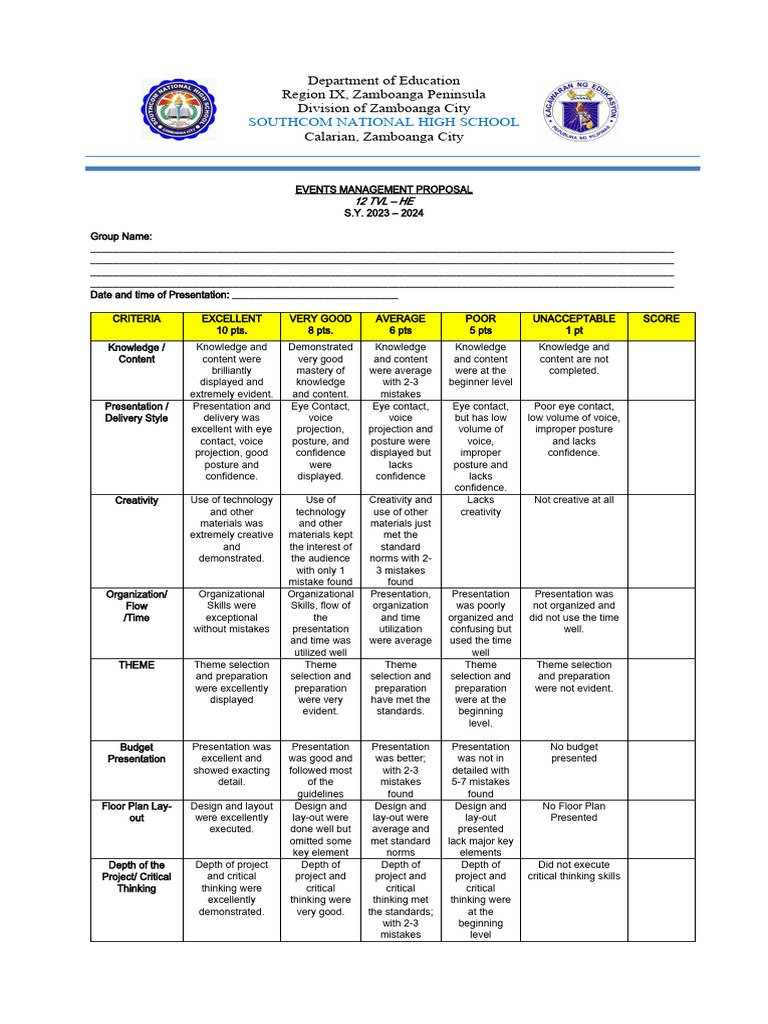 Events Proposal Rubrics | PDF | Page Layout | Cognitive Science