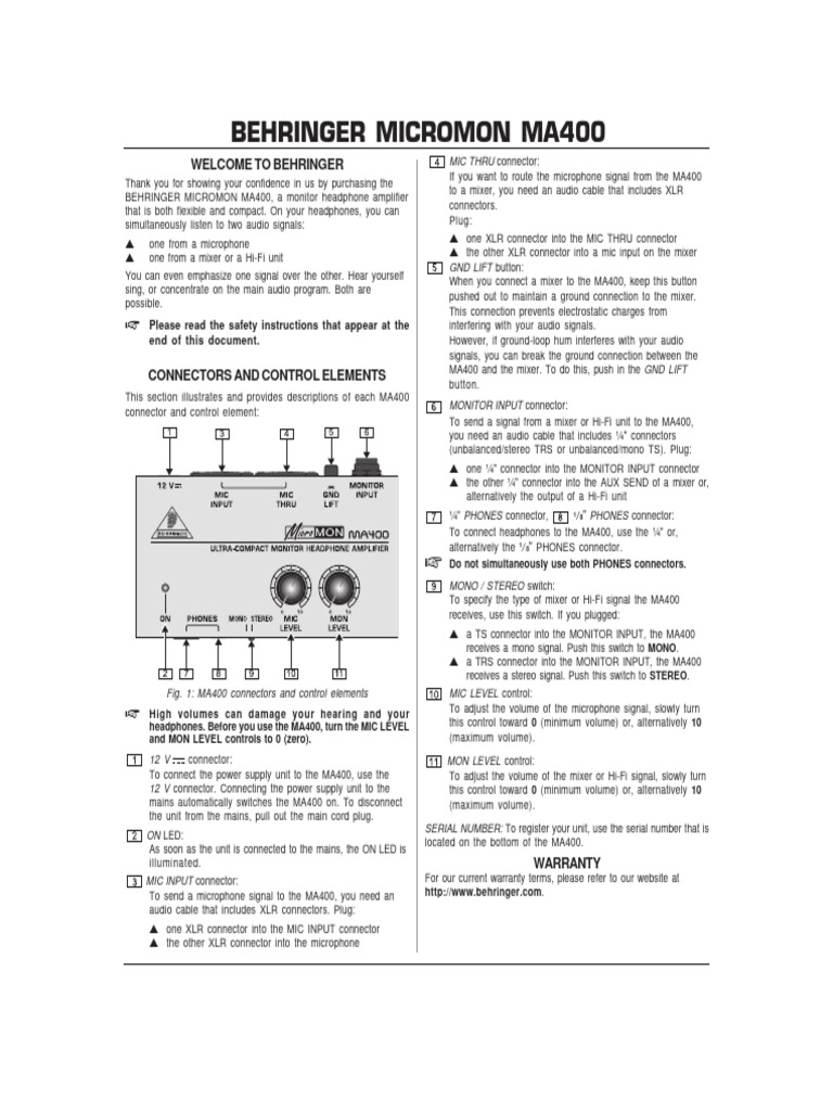Behringer MA400 Micromon Manual | PDF | Sound Recording | Recording