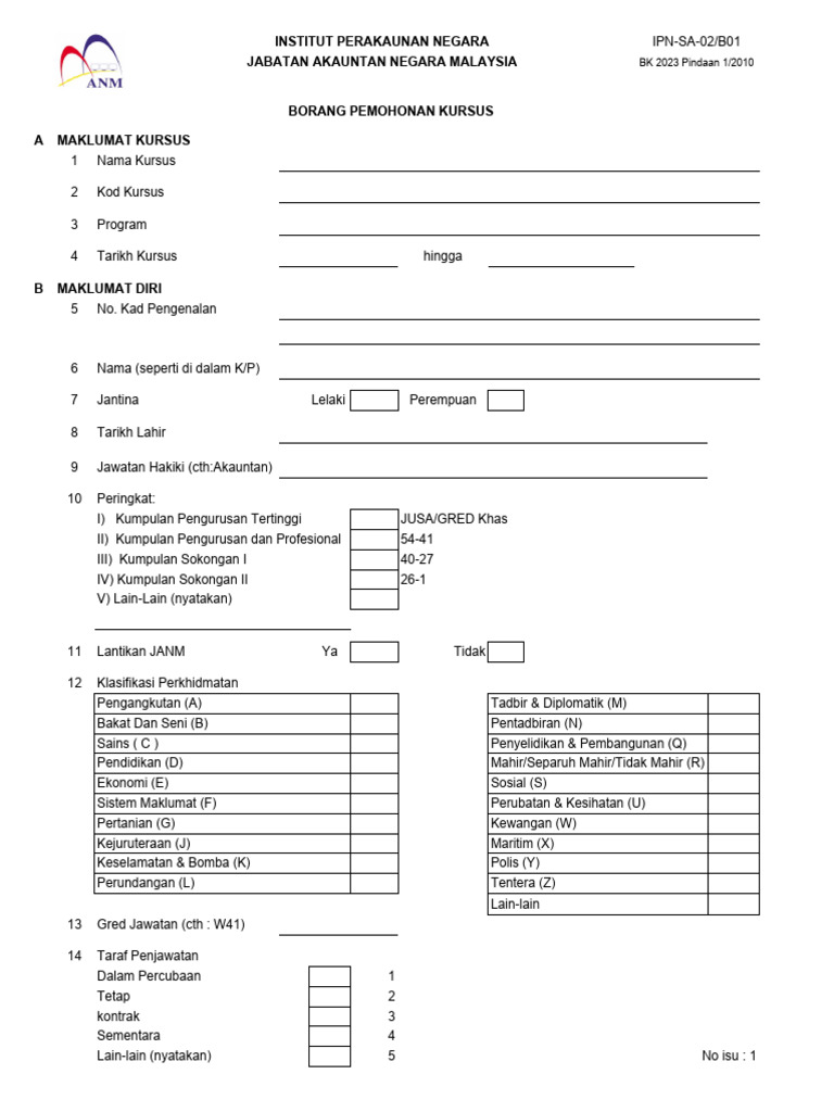 Borang Permohonan Kursus IPN | PDF