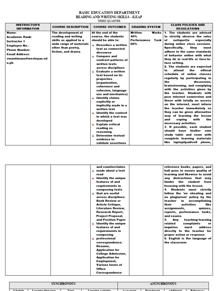 Reading and Writing Skills 3rd Quarter Guide | PDF | Teachers | Learning