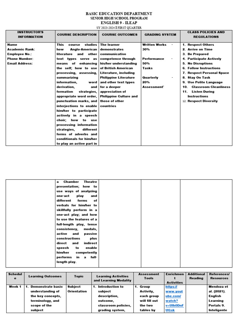 English 9 First Quarter Course Outline | PDF | Punctuation | Word
