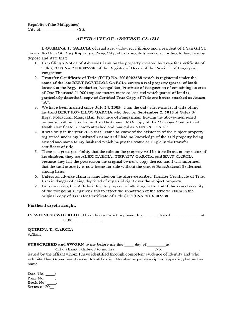 Adverse Claim and SPA Mangaldan Pangasinan | PDF | Power Of Attorney ...
