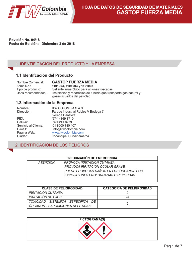 FDS Gastop Fuerza Media - Dic 2018 - Feb 2019 | PDF | Oxígeno | Combustión