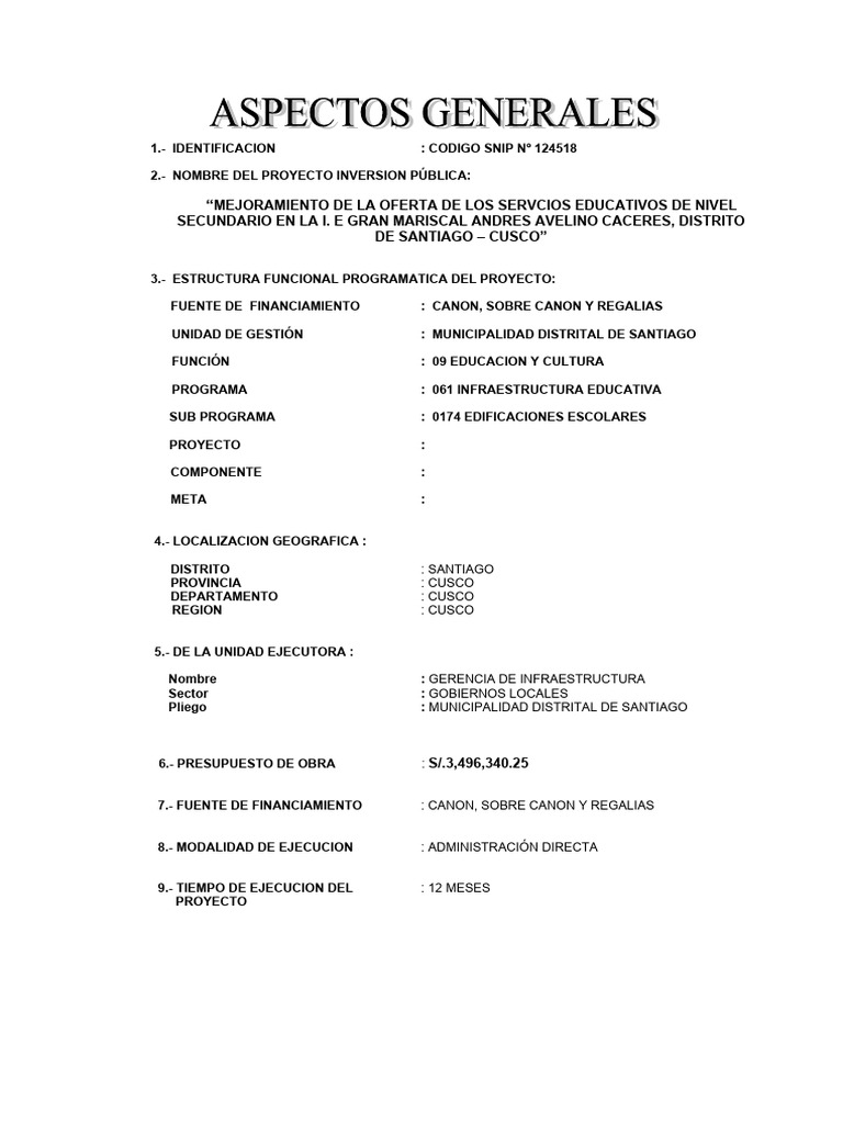 ASPECTOS GENERALES y MEMORIA DESCRIPTIVA | PDF | Infraestructura ...