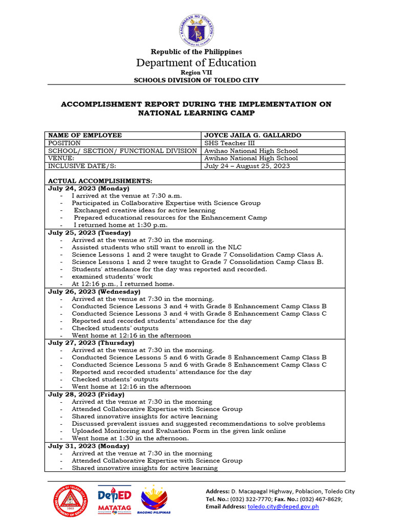 Accomplishment-Report-Math-NLC | PDF | Behavior Modification | Cognition