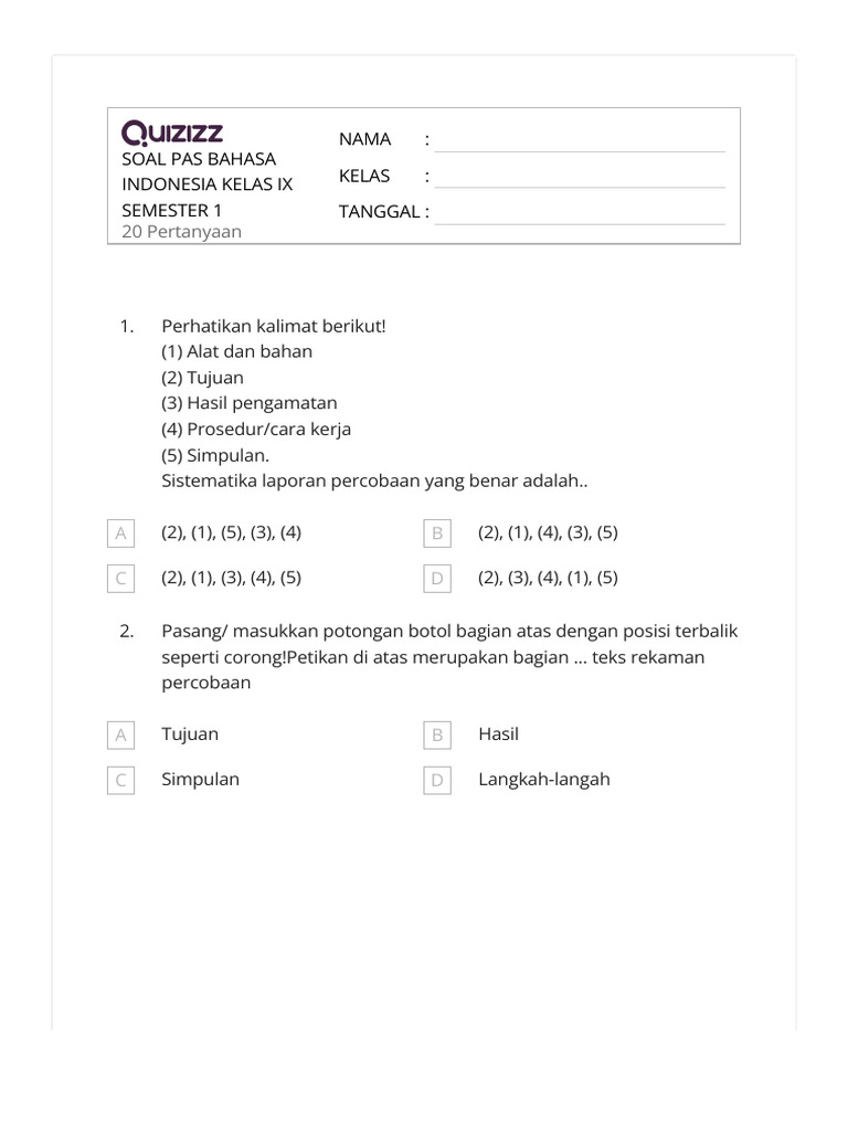 Soal Pas Bahasa Indonesia Kelas Ix Semester 1 | PDF