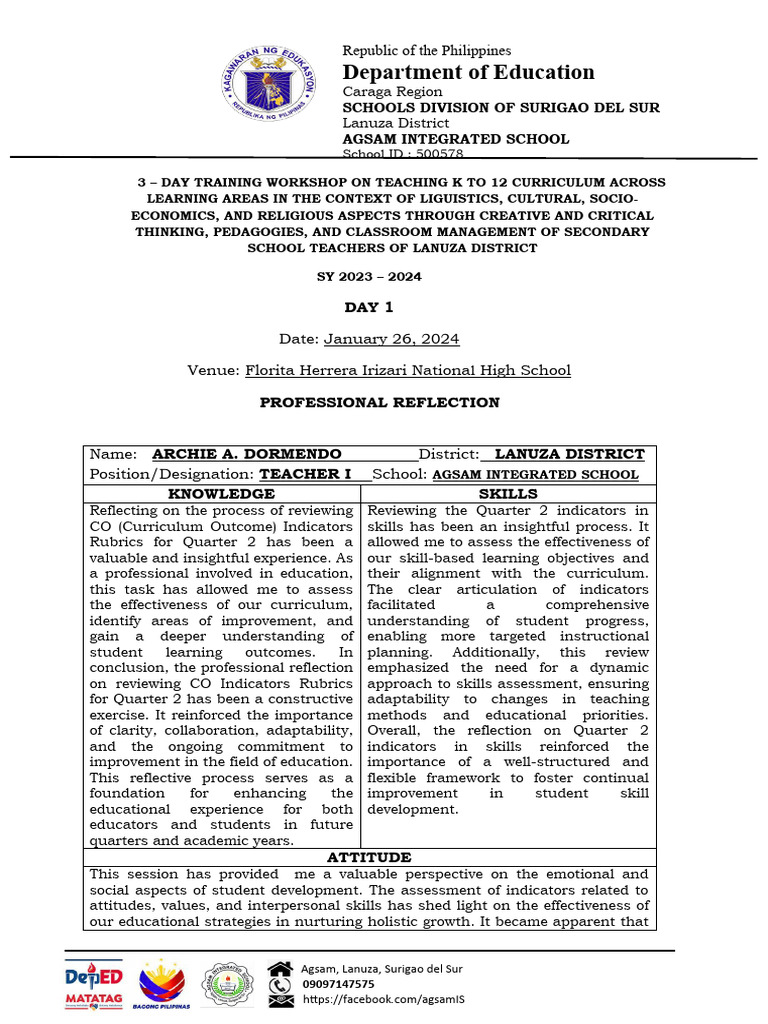 Archie Dormendo Personal Reflection Day 1 | PDF | Teachers | Curriculum