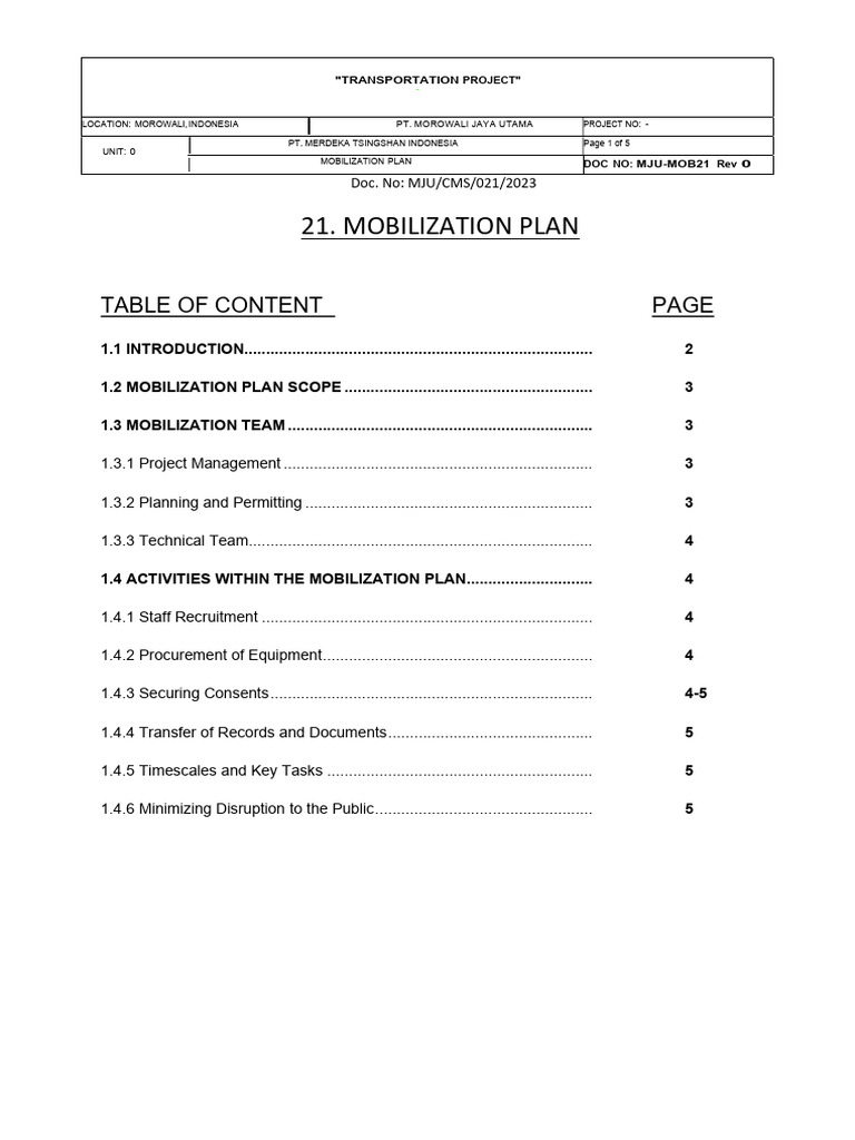Mobilization Plan: Table of Content Page | PDF | Project Management ...