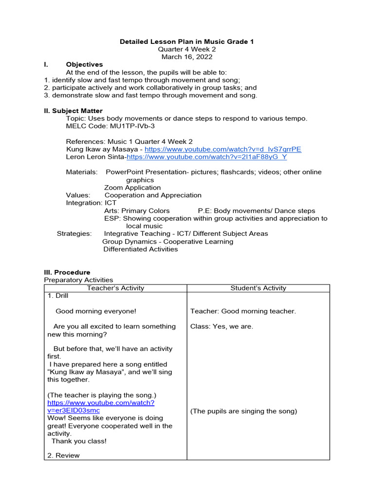 Detailed Lesson Plan in Music 1 Final | PDF | Teachers | Lesson Plan