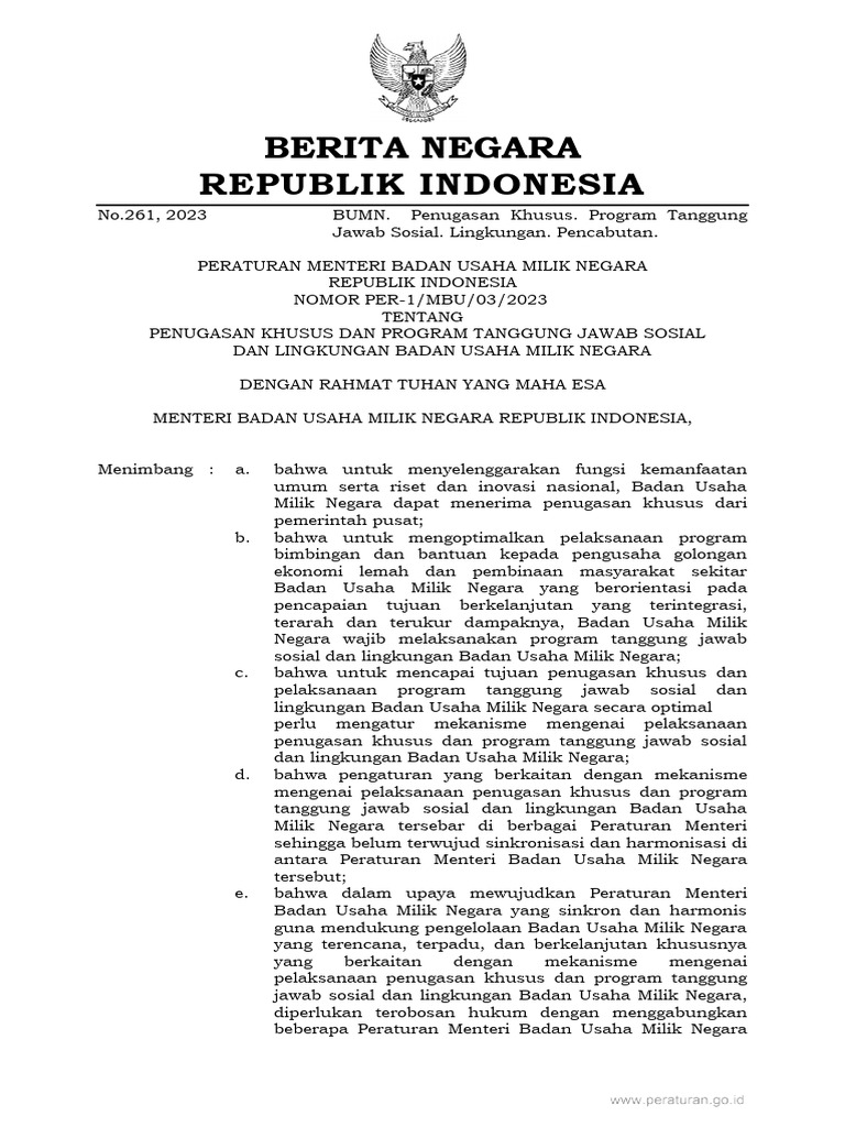 Permen Bumn No Per 1 Mbu 03 2023 Tahun 2023 | PDF