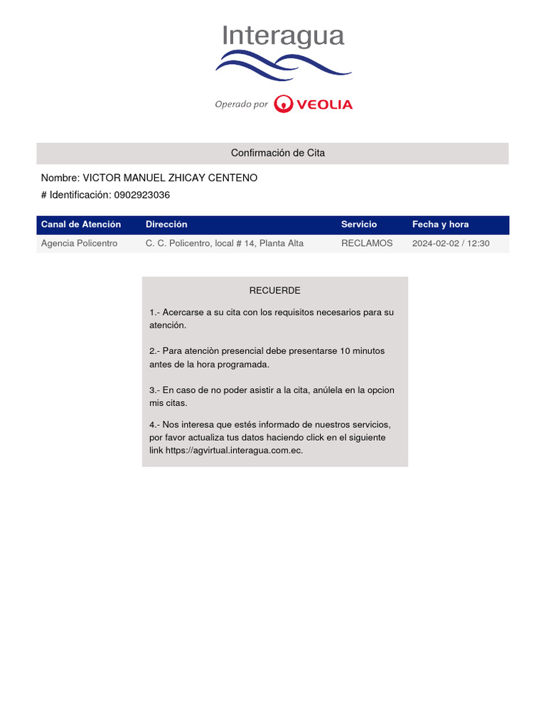 Confirmación - Cita INTERAGUA | PDF