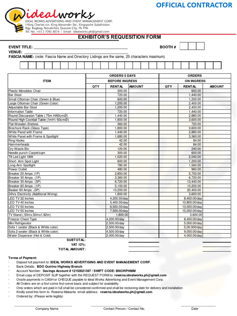 IdealWorks Booth Specs, Rental Forms, Rules, Regulations | PDF | Fee ...