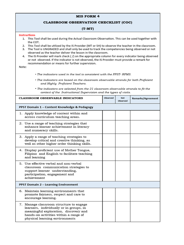MIS FORM 4 Classroom Observation Checklist | PDF | Learning | Teachers