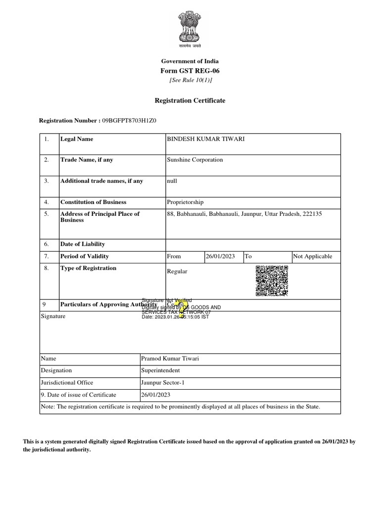 GST Registration Certificate for Sunshine | PDF | Business | Corporations