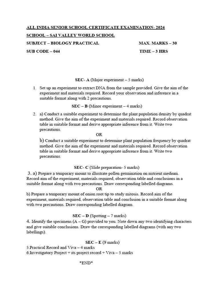 Biology Practical Questions | PDF