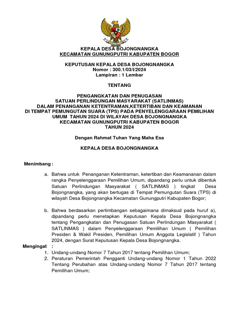 SK Penangkatan Linmas Pam TPS 2024 | PDF