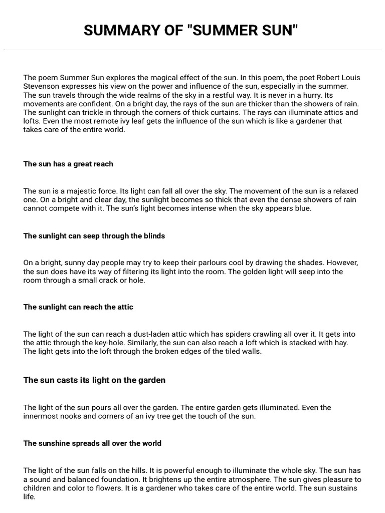 Summary of "Summer Sun" Poem | PDF