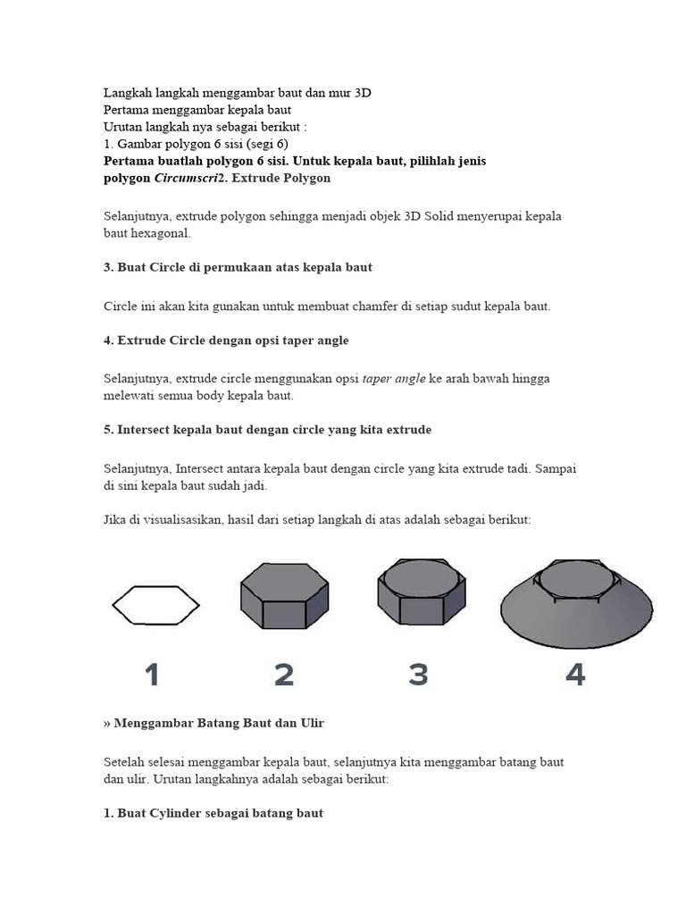 Langkah Langkah Menggambar Baut Dan Mur 3D | PDF