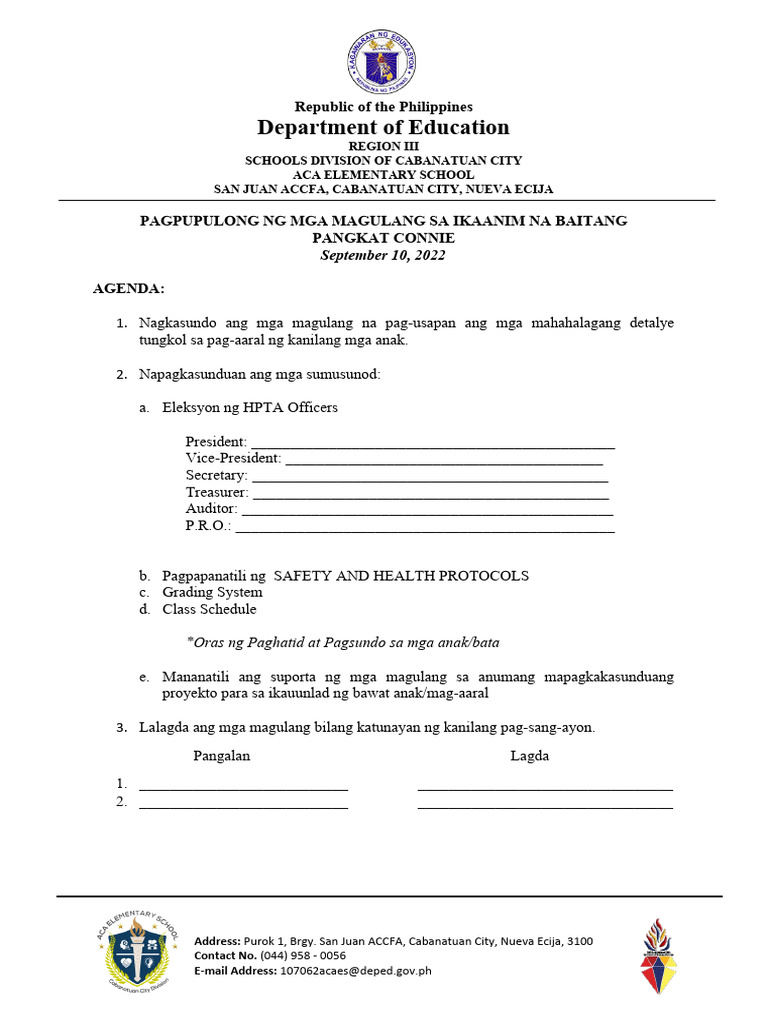 Kasunduan Minutes of Meeting For HPTA | PDF