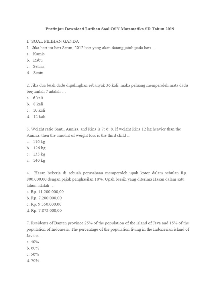 Pratinjau Download Latihan Soal OSN Matematika SD Tahun 2019 | PDF