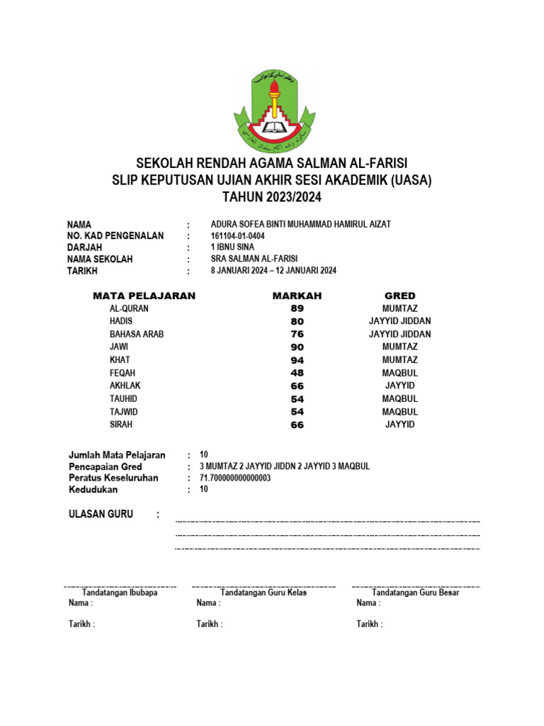 Slip Uasa Tahun 1 2023 | PDF