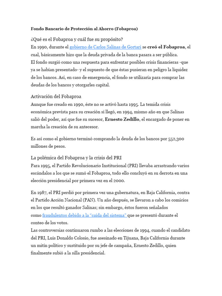 Causas y consecuencias del Fobaproa | PDF | Economias