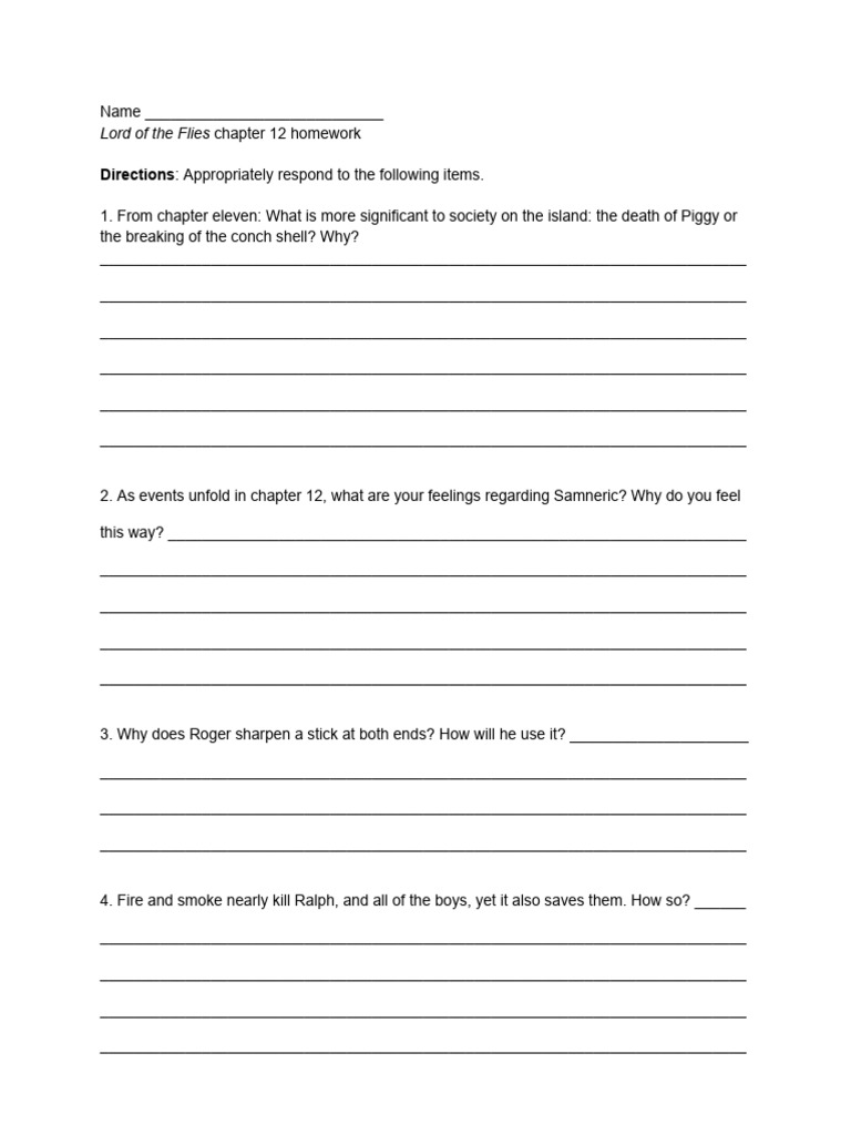 Lord of The Flies Chapter 12 Homework | PDF | Games & Activities
