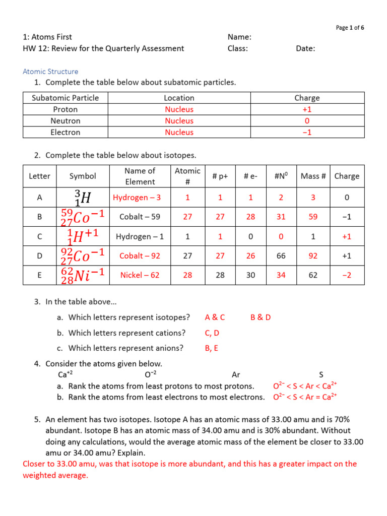 1 SSA HW 12 Review For The Quarterly Assessment ANSWER KEY | PDF ...