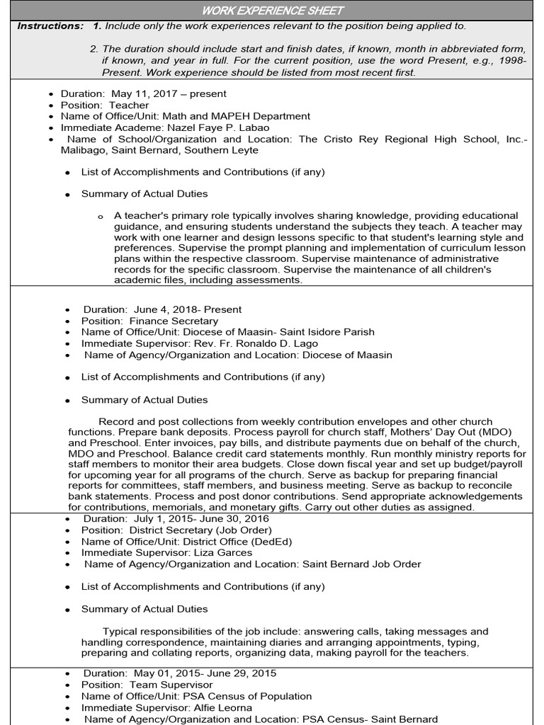 CS Form No. 212 Attachment Work Experience Sheet 1 | PDF | Teachers ...