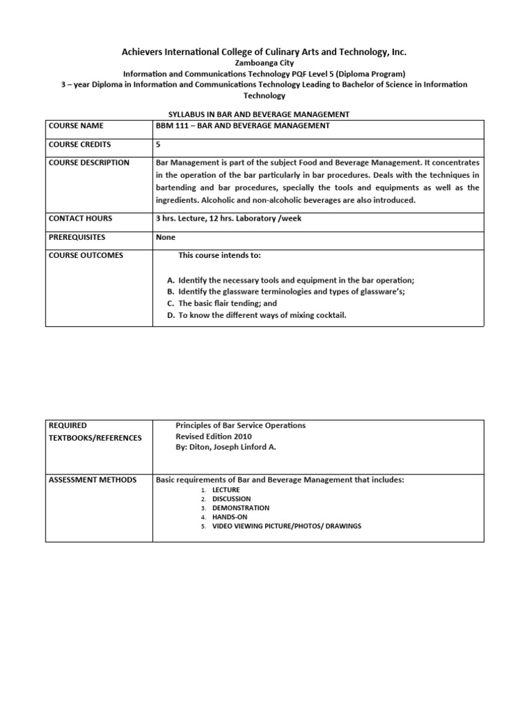 Bar & Beverage Management Syllabus | PDF | Drink | Bartender