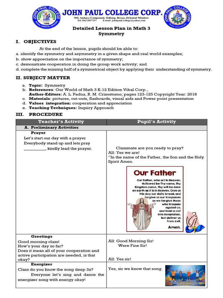 Detailed Lesson Plan in Math 3 | PDF | Symmetry | Asymmetry