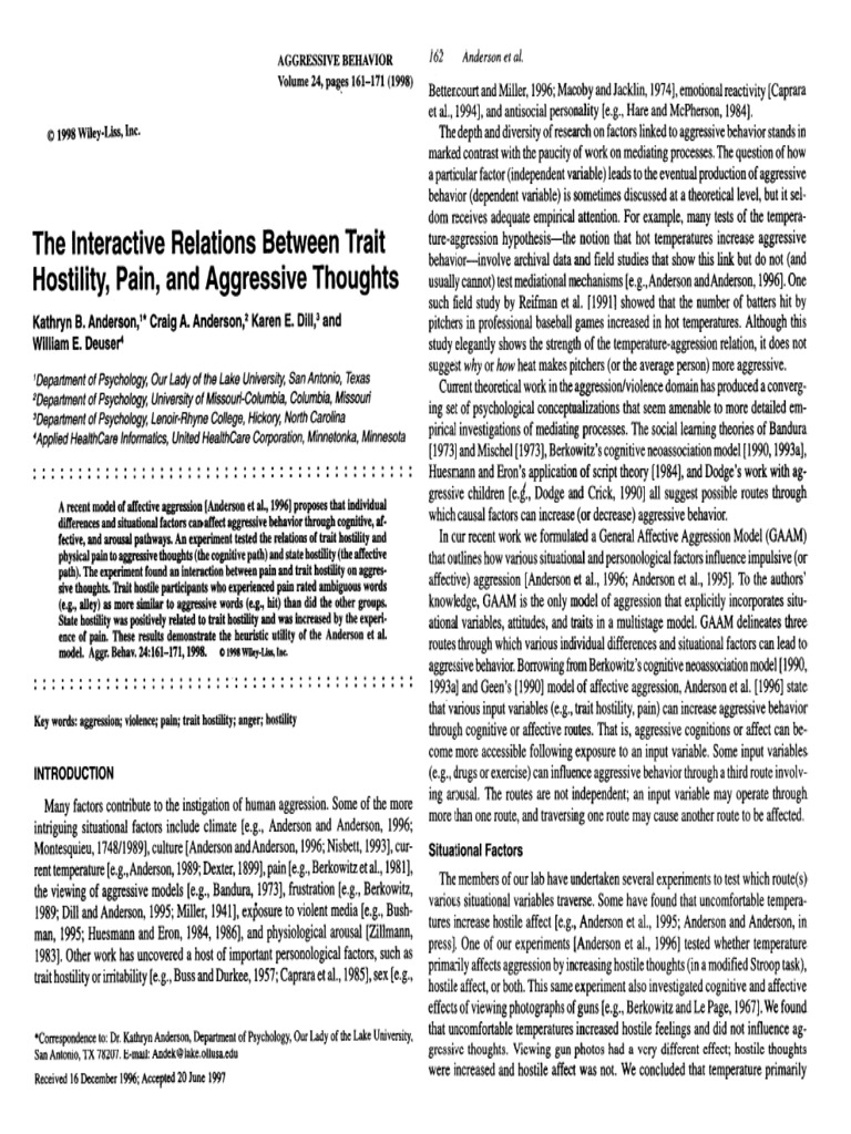 The Interactive Relations Between Trait Hostility, Pain and Aggressive ...
