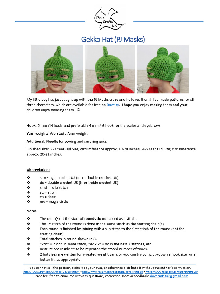 Gekko PJ Masks Crochet Hat Pattern | PDF | Crochet | Needlework