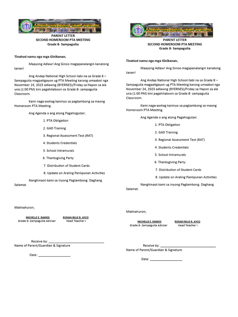 PARENT LETTER For PTA Meeting | PDF