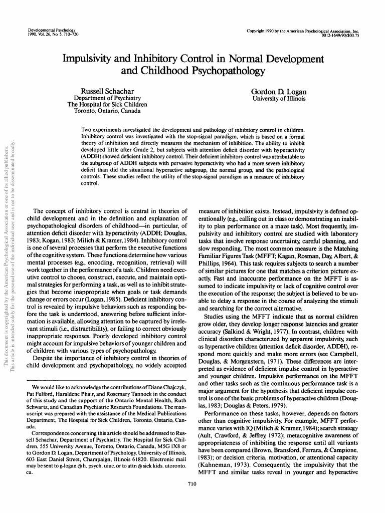 Impulsivity and Inhibitory Control in Normal Development and Childhood Psychopathology | PDF ...