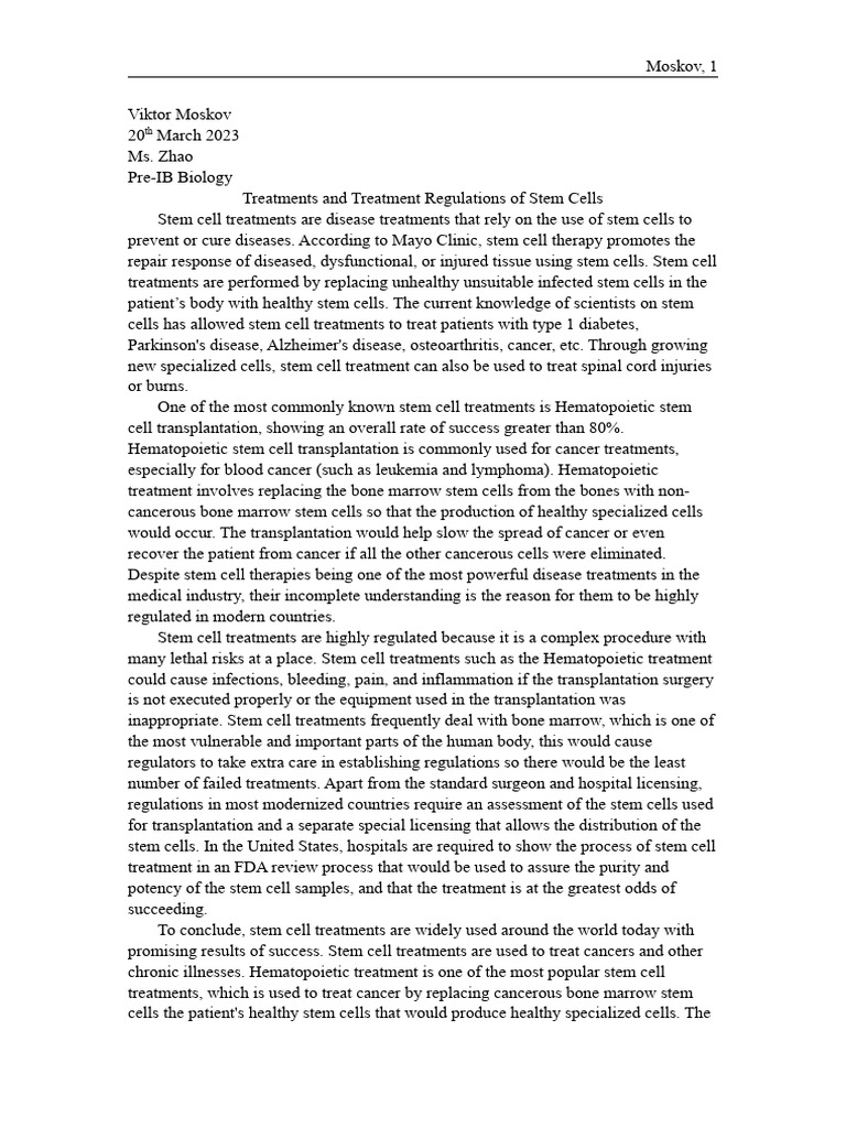 Stem Cell Research Essay-Viktor | PDF | Hematopoietic Stem Cell ...