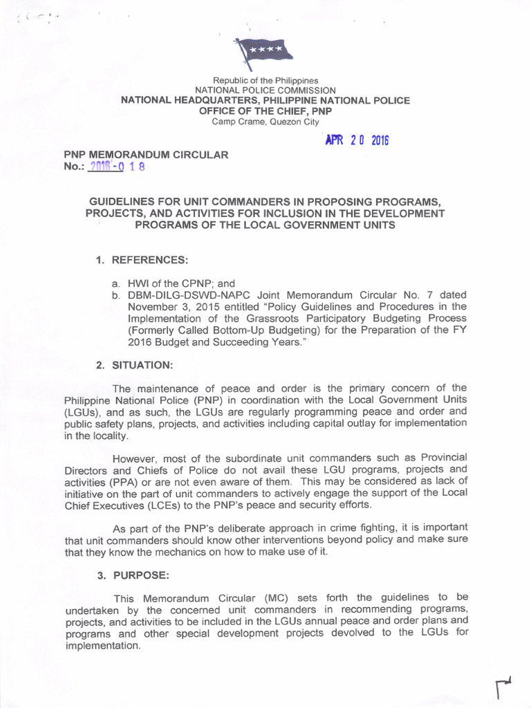 PNP MC 2016 018 Guidelines For Unit Commanders in Proposing Programs ...