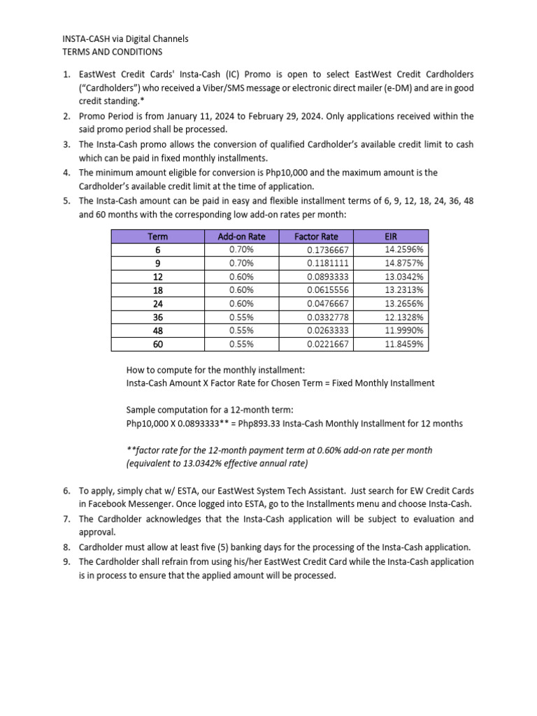 Insta Cash 0.55% for 60 months | PDF | Credit Card | Money