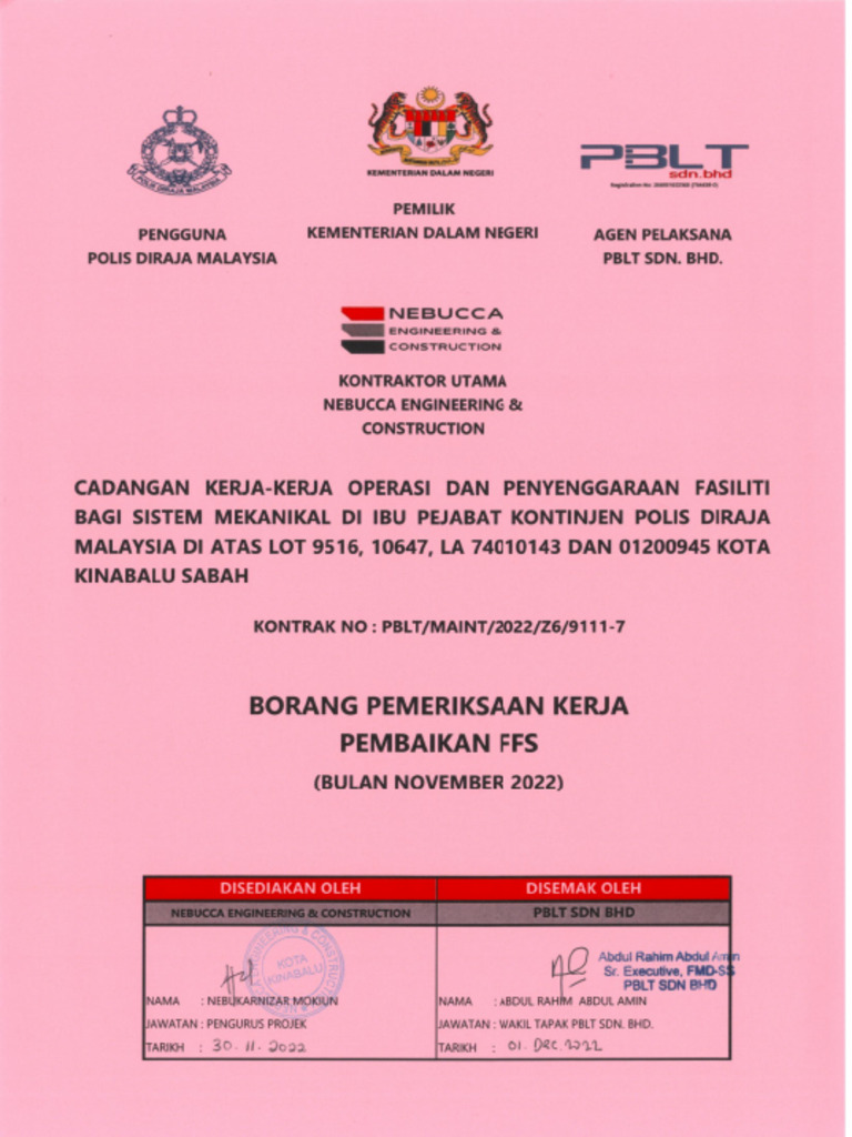 Borang Pemeriksaan Kerja Pembaikan FFS November 2022 | PDF