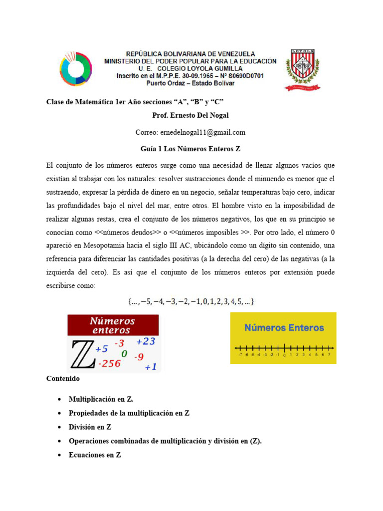 Guía 1 Los Numeros Enteros Z Tema 1 2do Lapso 1er Año A-B-C | Descargar gratis PDF | Entero ...