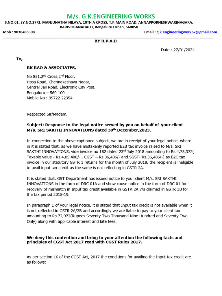 Response to Legal Notice on GST Issue | PDF | Invoice | Taxes
