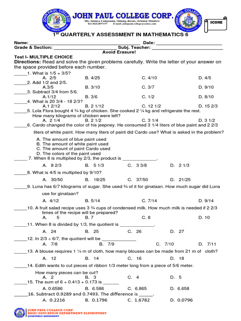 1st QUARTERLY ASSESSMENT IN Math 6 | PDF | Mathematics