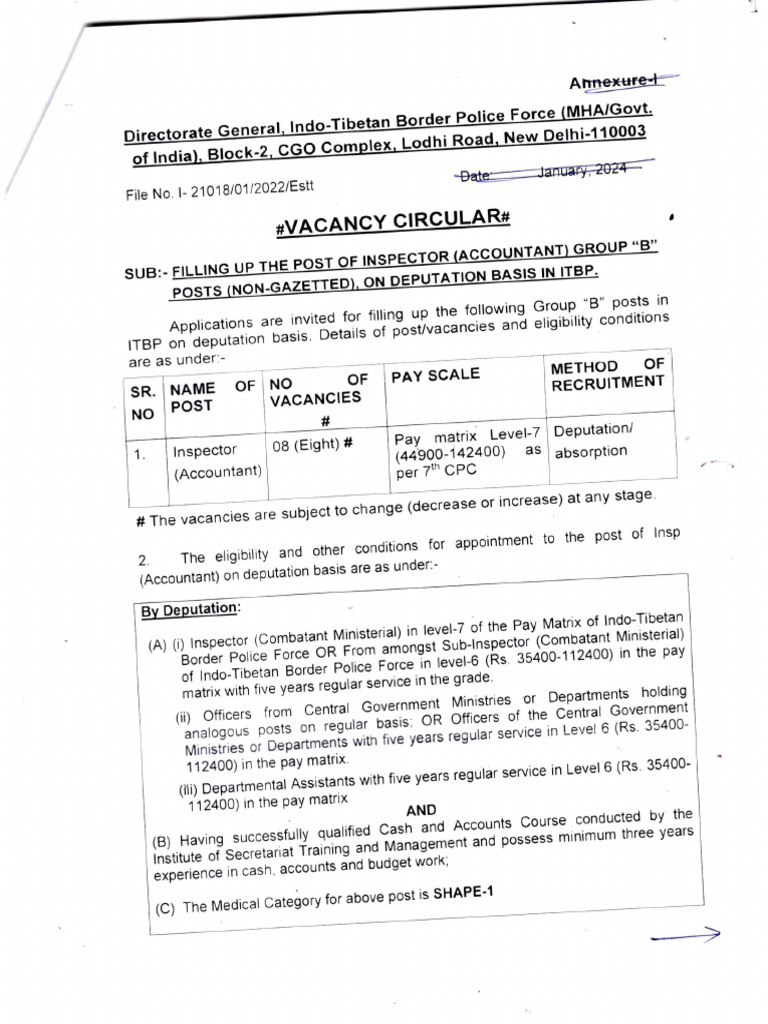 ITBP Inspector Recruitment 2024 Notification | PDF