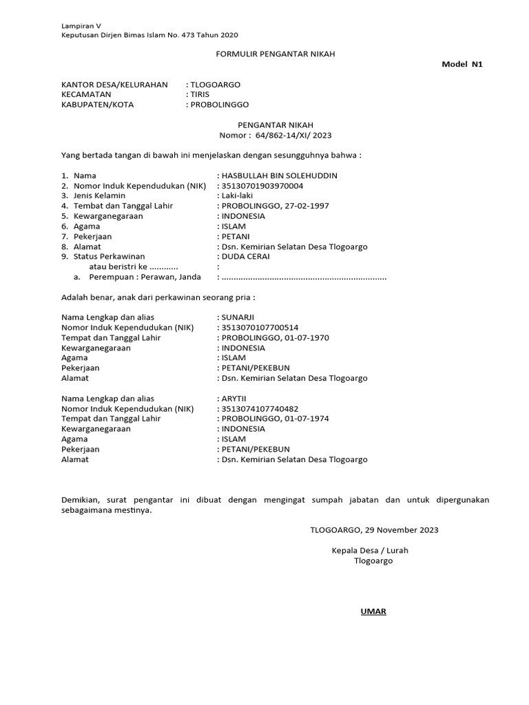 MODEL-N1-N6-2020 - Untuk Persyaratan NIkah Pernikahan OK... | PDF