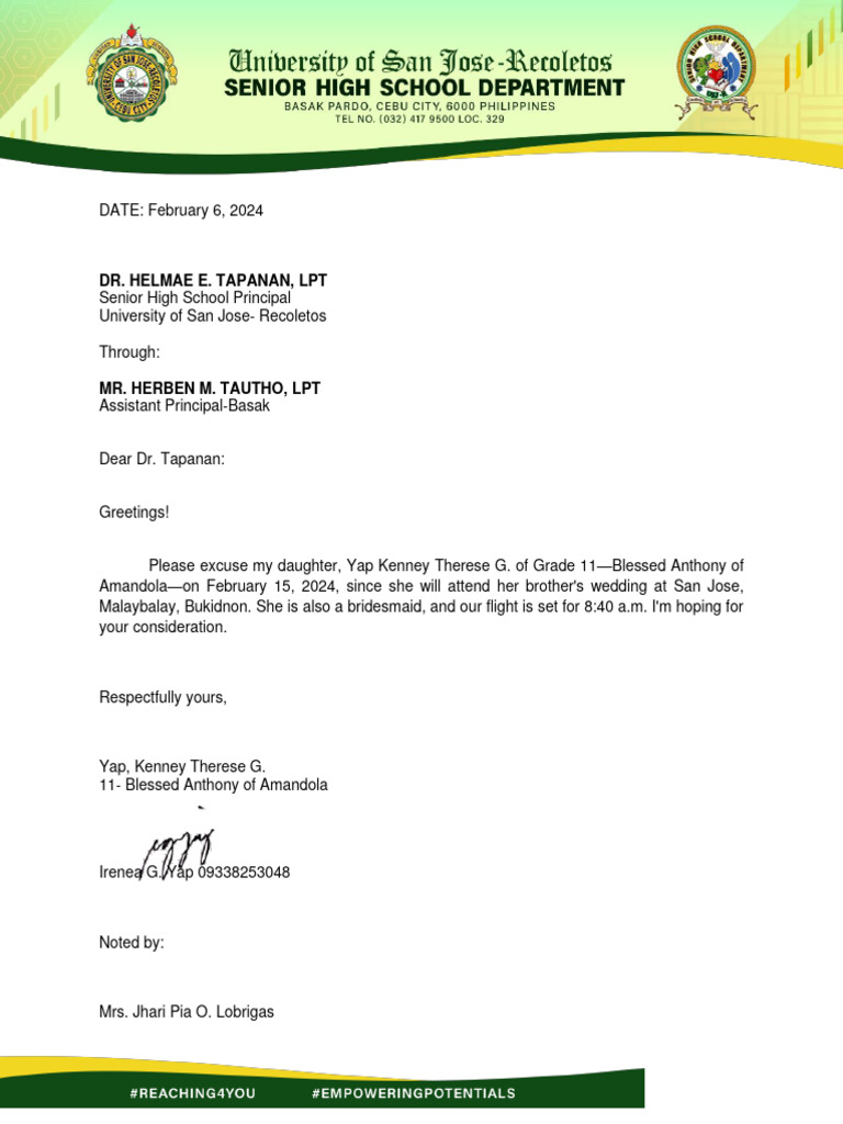 Excuse Letter Grade 11 Basak | PDF