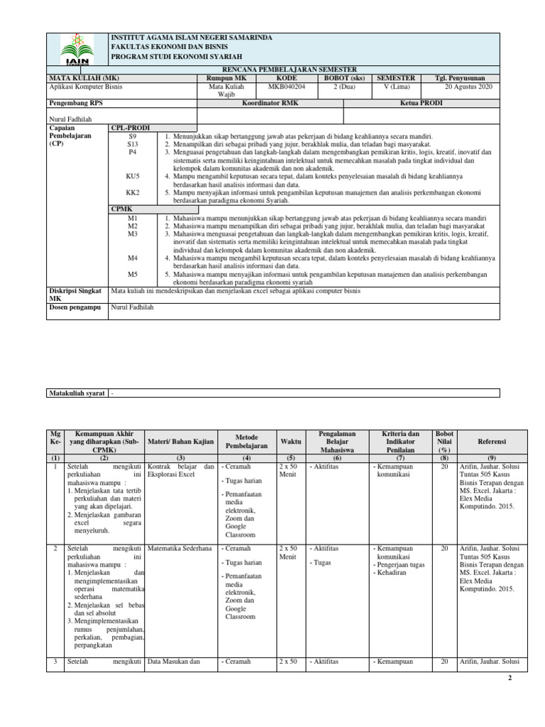 RPS Aplikasi Komputer Bisnis | PDF