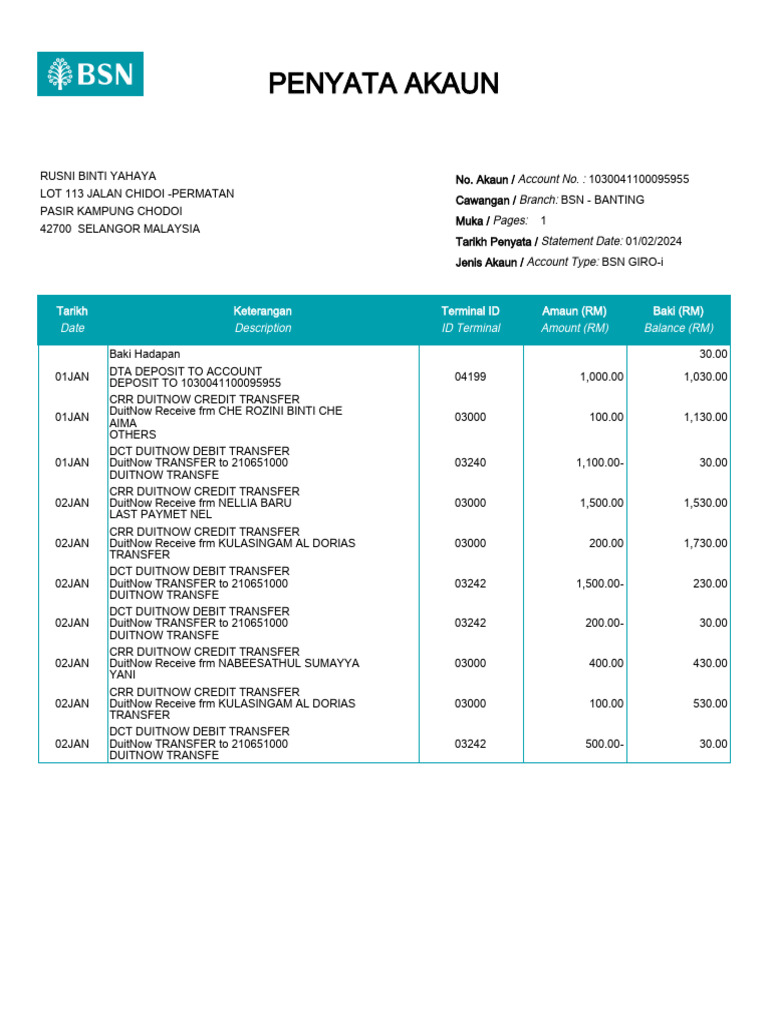 DuitNow Transactions for BSN Banting | PDF | Debits And Credits | Debit ...