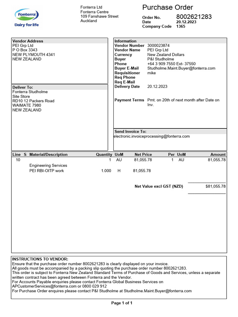 New Fonterra Purchase Order 8002621283 | PDF | Accounts Payable | Economies