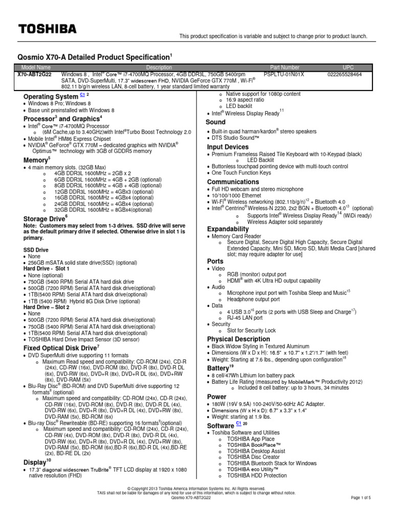 Qosmio X70-A Detailed Product Specification: Operating System | PDF ...